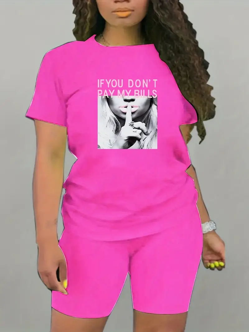 Graphic Letter Print Two Piece Outfit Short Sleeve Crew Neck Temu