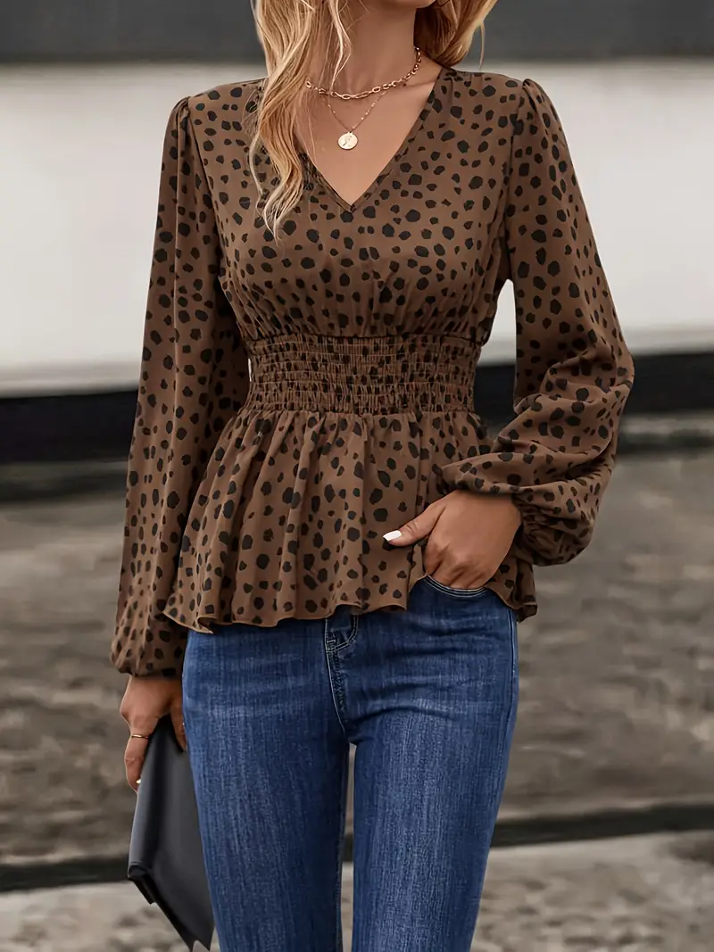 Leopard Print Shirred Waist Blouse Vintage V Neck Lantern Temu Canada