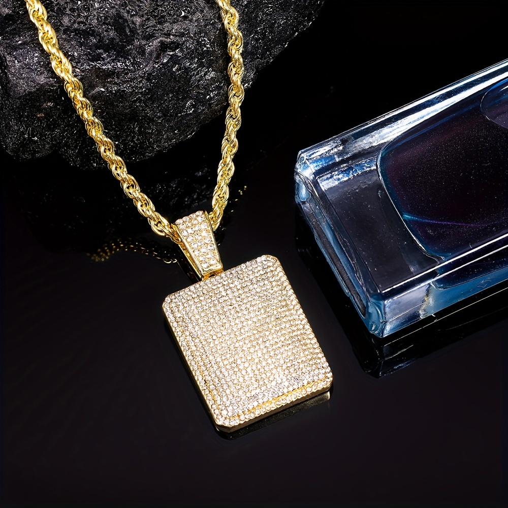Punk Square Block Pendant With Twisted Rope Chain, Iced Out Full ...