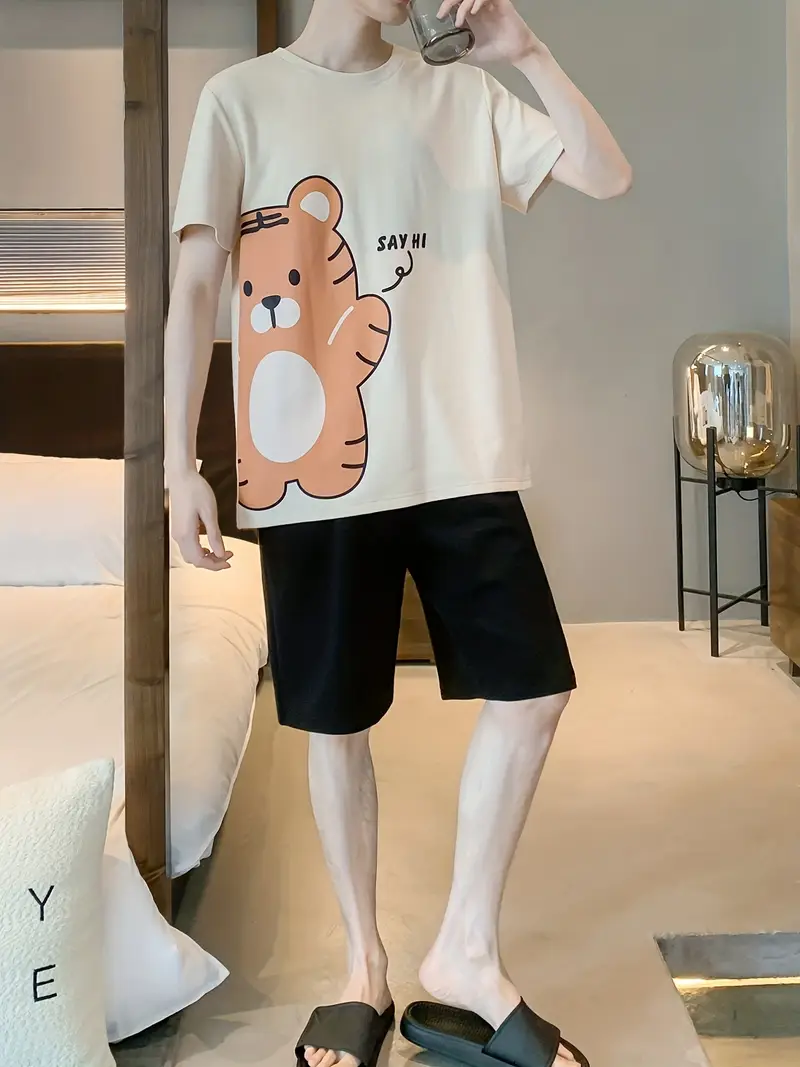 2pcs 만화 귀여운 호랑이 프린트 남성 패션 편안한 여름 의류 세트 캐주얼 그래픽 티셔츠 티 탑 및 반바지 Temu