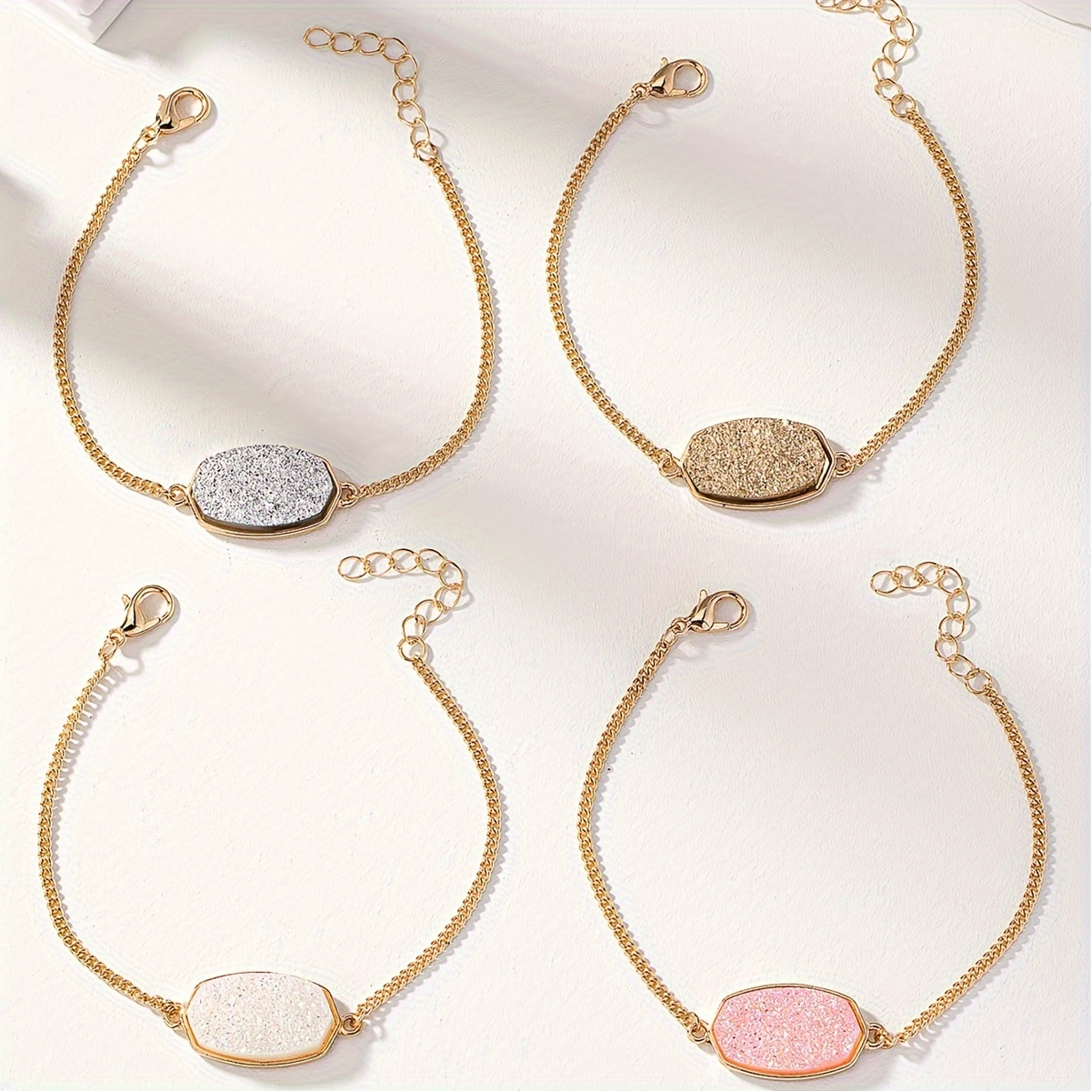 Geometric Resin Faux Crystal Thin Chain Bracelet Set Elegant - Temu ...