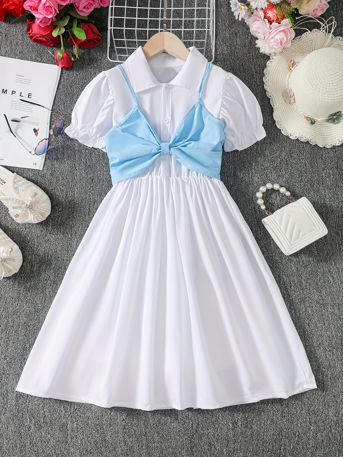 Kid Girls Vest Puff Sleeve Collared Shirt Dress Set - Temu New Zealand