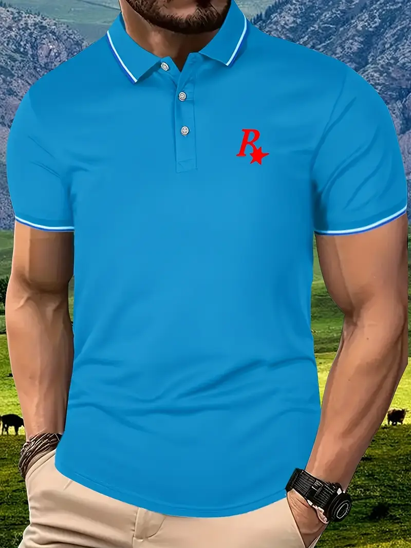 Alphabet R Print Mens Short Sleeve Polo Shirt Trendy Comfy Temu New