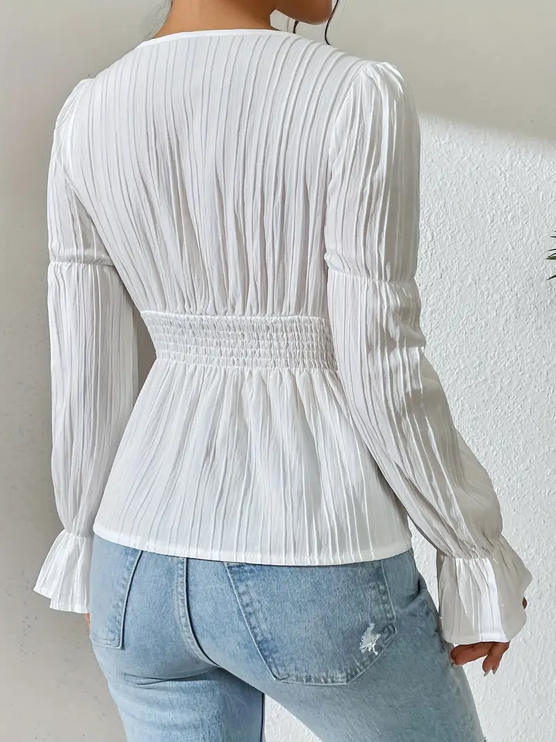 Pleated Square Neck Ruffle Cuff Blouse Elegant Long Sleeve Temu