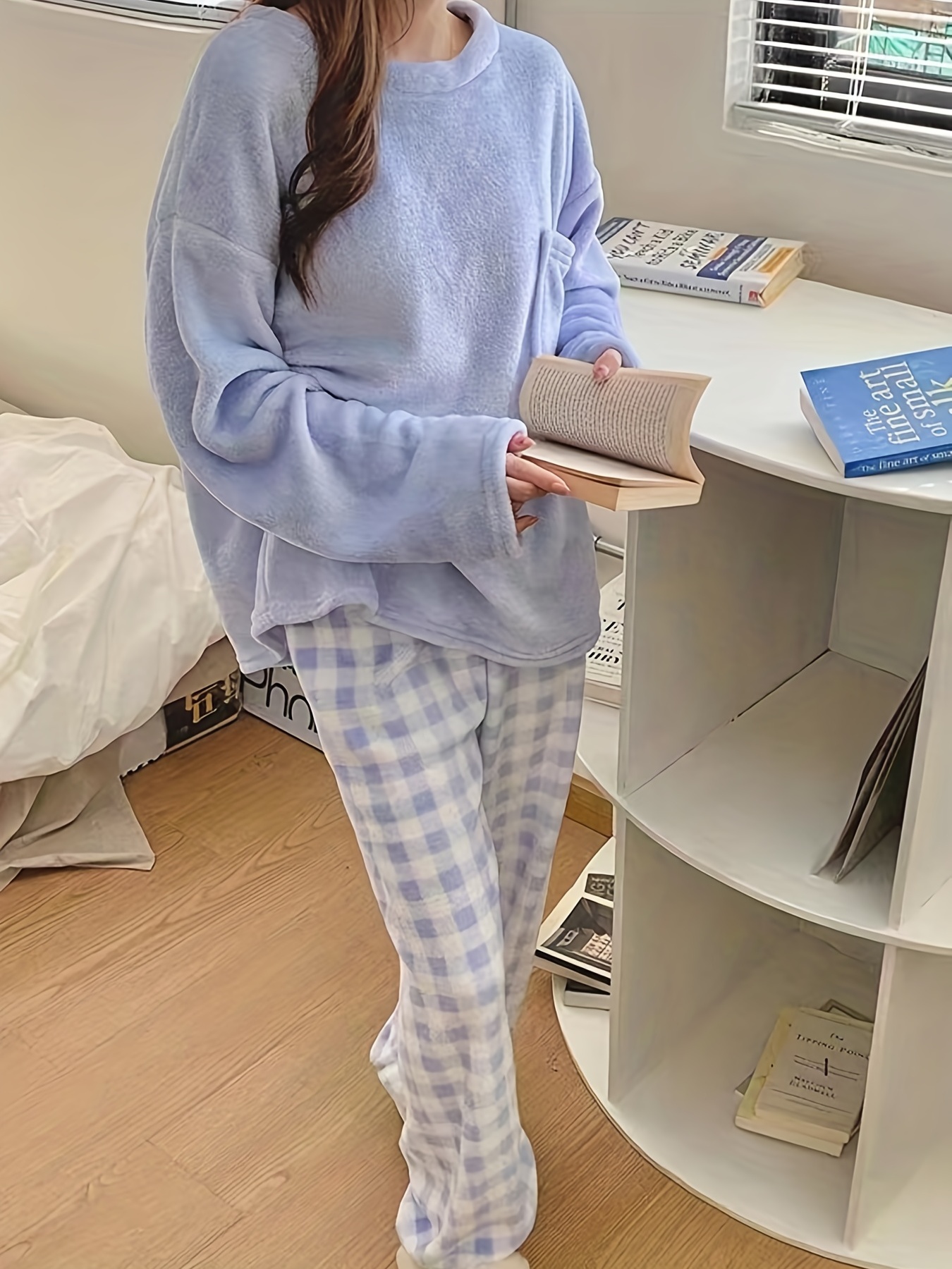 부드럽고 따뜻한 잠옷 세트 편안한 긴 소매 잠옷 상의 및 플러시 격자 무늬 잠옷 바지 여성용 실내복 및 잠옷 Temu