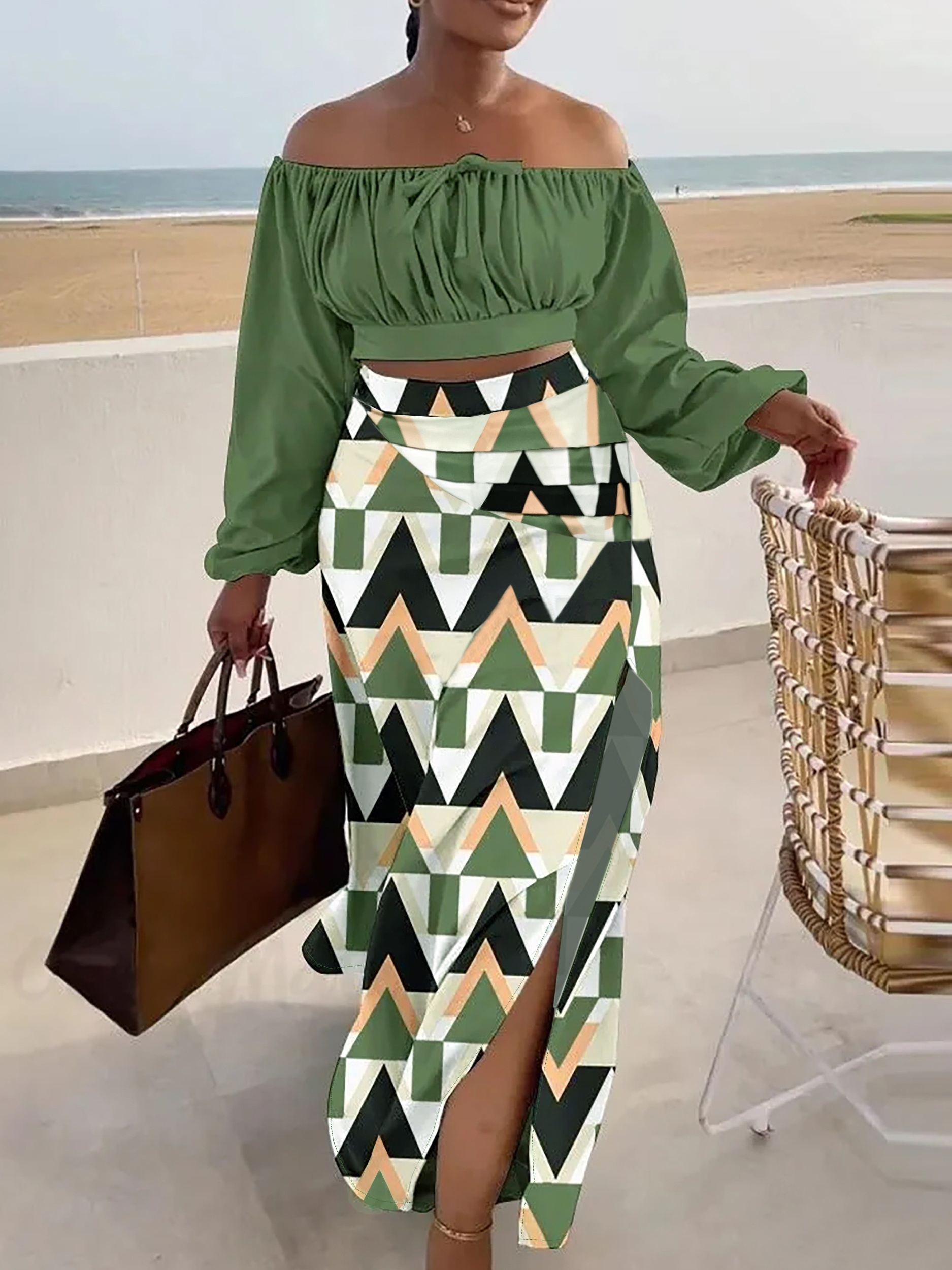 Plus Size Geometric Print Two piece Skirt Set Shoulder Long - Temu ...