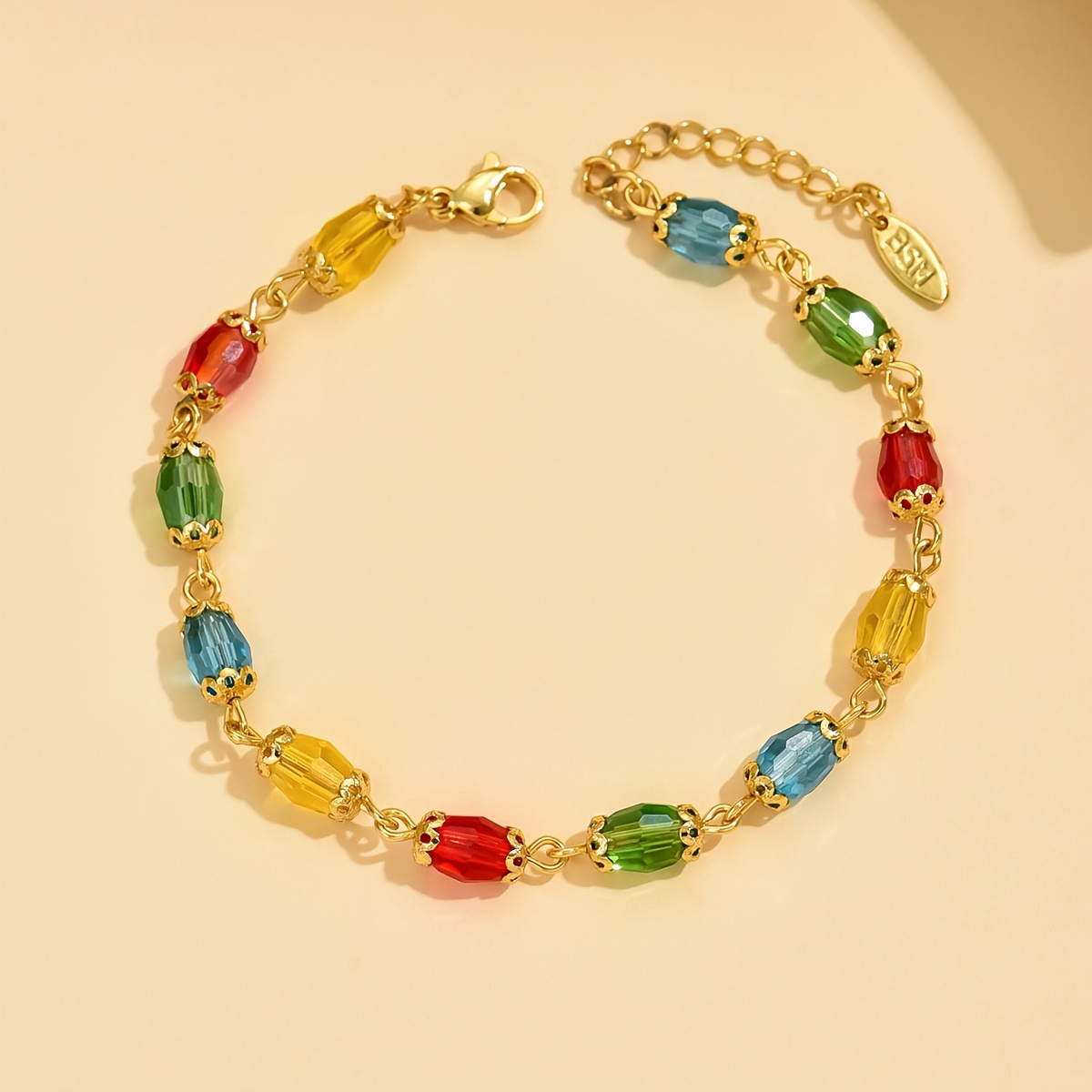 Colorful Lucky Faux Crystal Bracelet, Copper Plated Golden Chain Hand ...