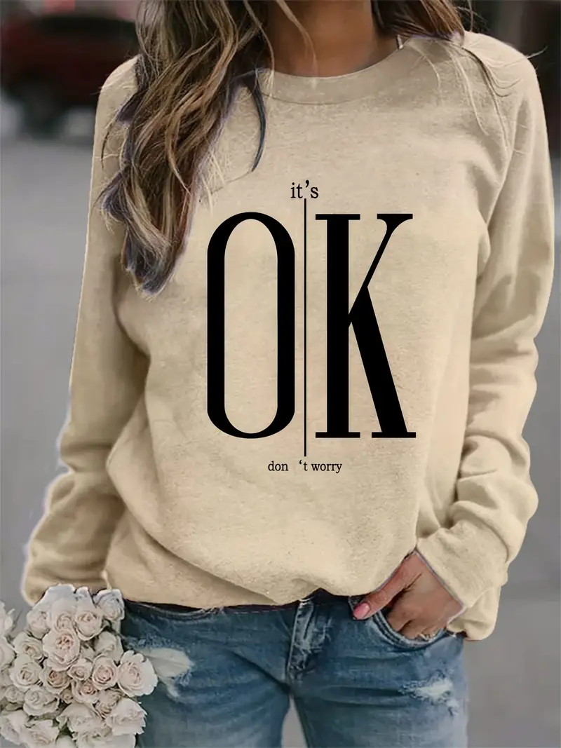 S Ok Letter Print Sweatshirt Casual Long Sleeve Crew Neck Temu Norway