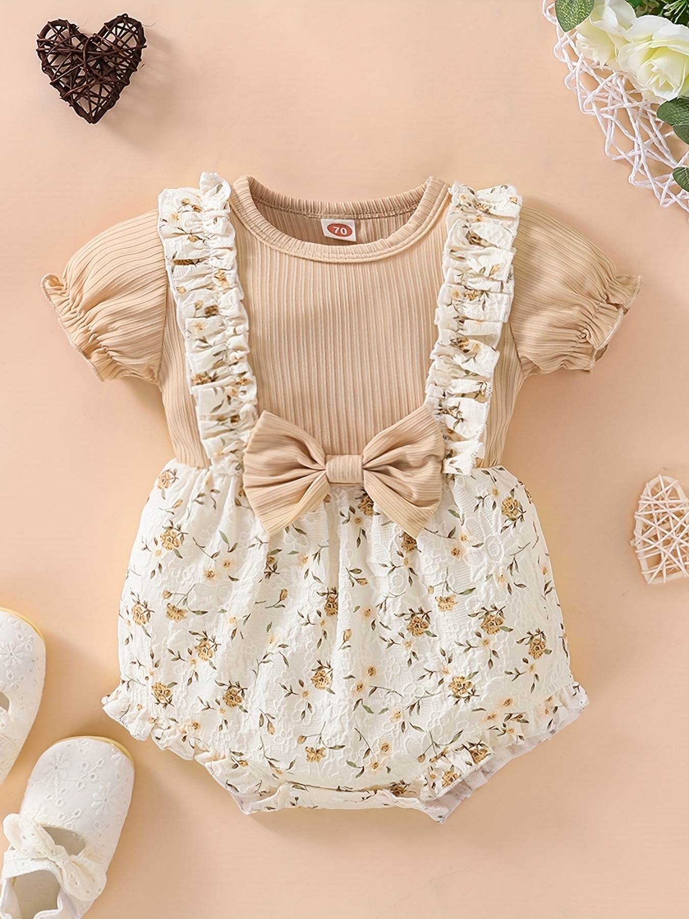 Baby Girls Cute Floral Graphic Print Puff Sleeve Bowknot Onesie Clothes ...