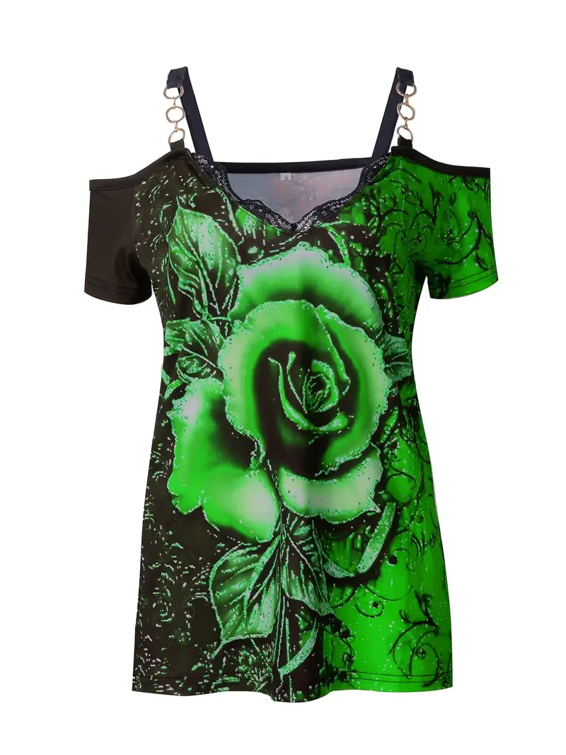 Lace Shoulder Print V Neck T Shirt Casual Loose Short Sleeve Temu