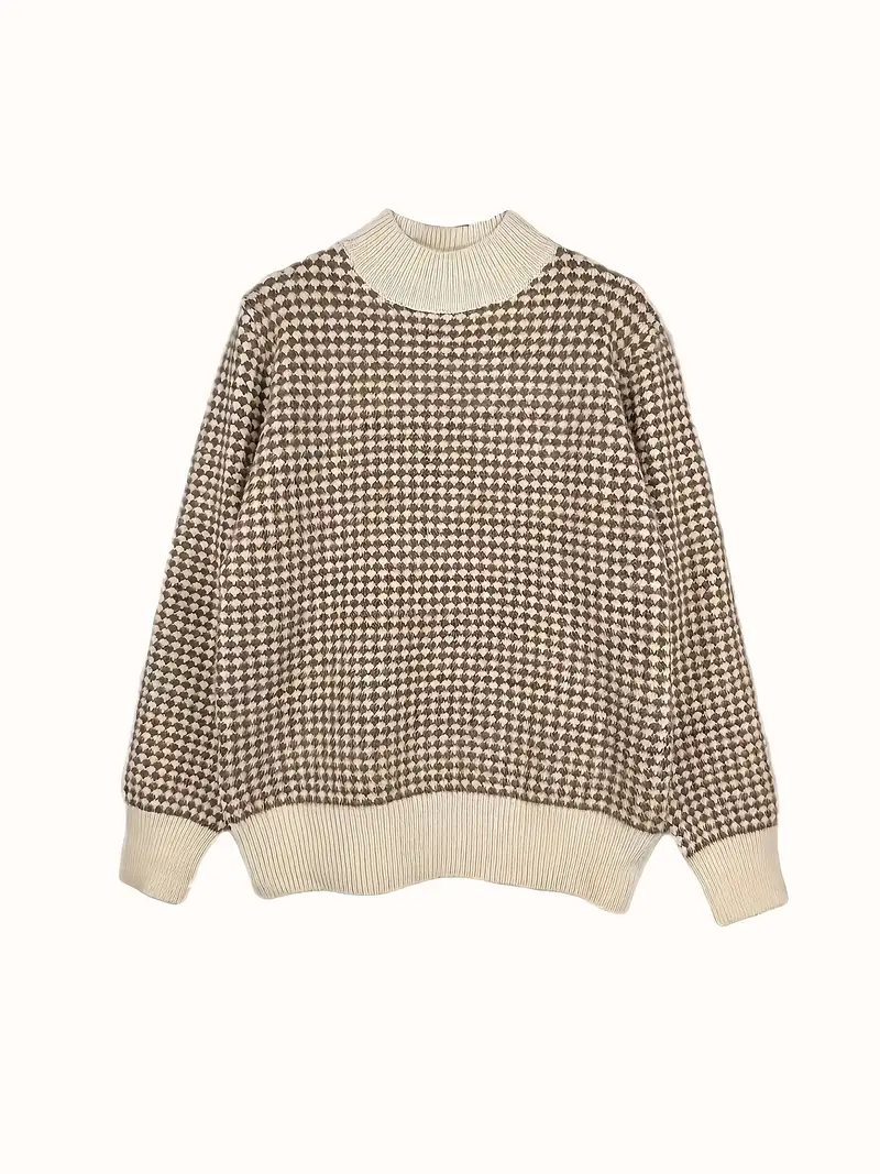 Allover Pattern Mock Neck Pullover Sweater Casual Long Temu Australia