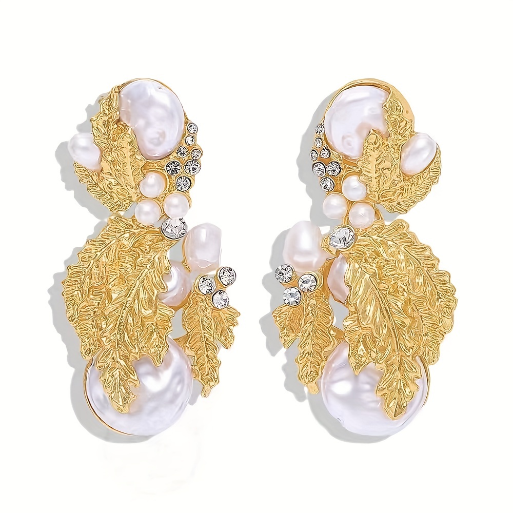 Exquisite Golden Leaf Design Shiny Rhinestone Faux Pearl - Temu Canada