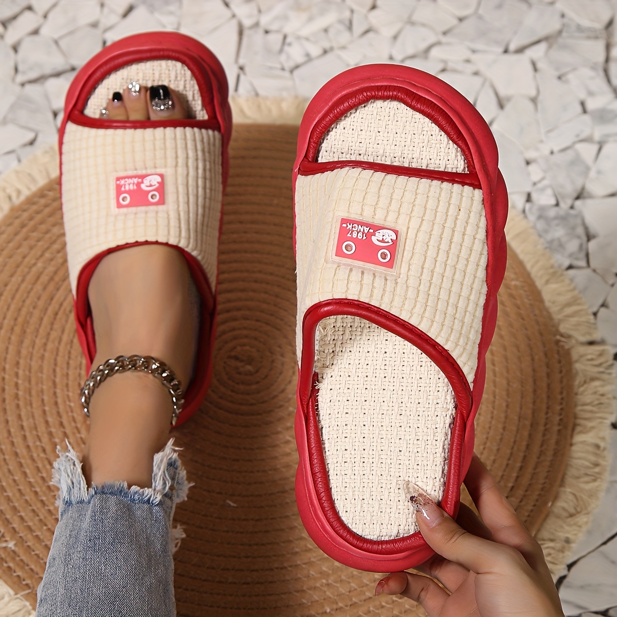 Plaid Pattern Platform Slippers Casual Slip Linen Sole Shoes - Temu ...