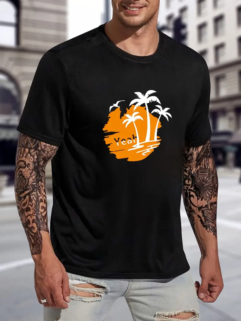 Coconut Tree Print Mens Round Neck Short Sleeve Tee Fashion Temu Ireland