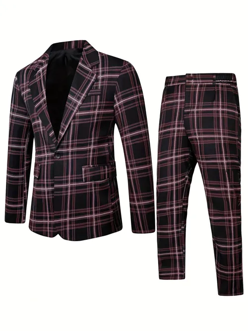 Plus Size Mens Casual Suit Set Lapel Regular Fit Plaid Print Single