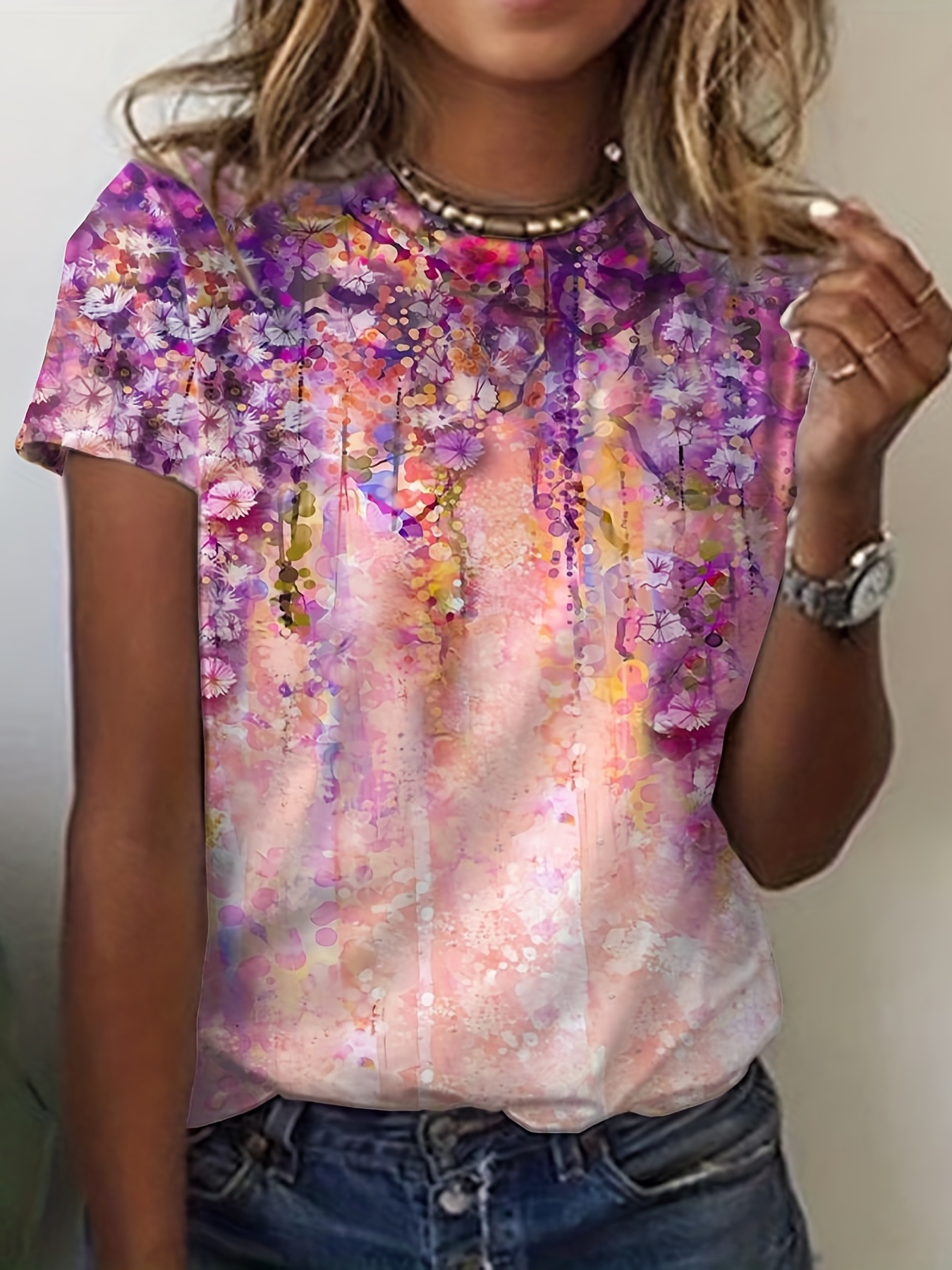 花柄クルーネックtシャツ、春夏カジュアル半袖トップス、婦人服 Temu Japan