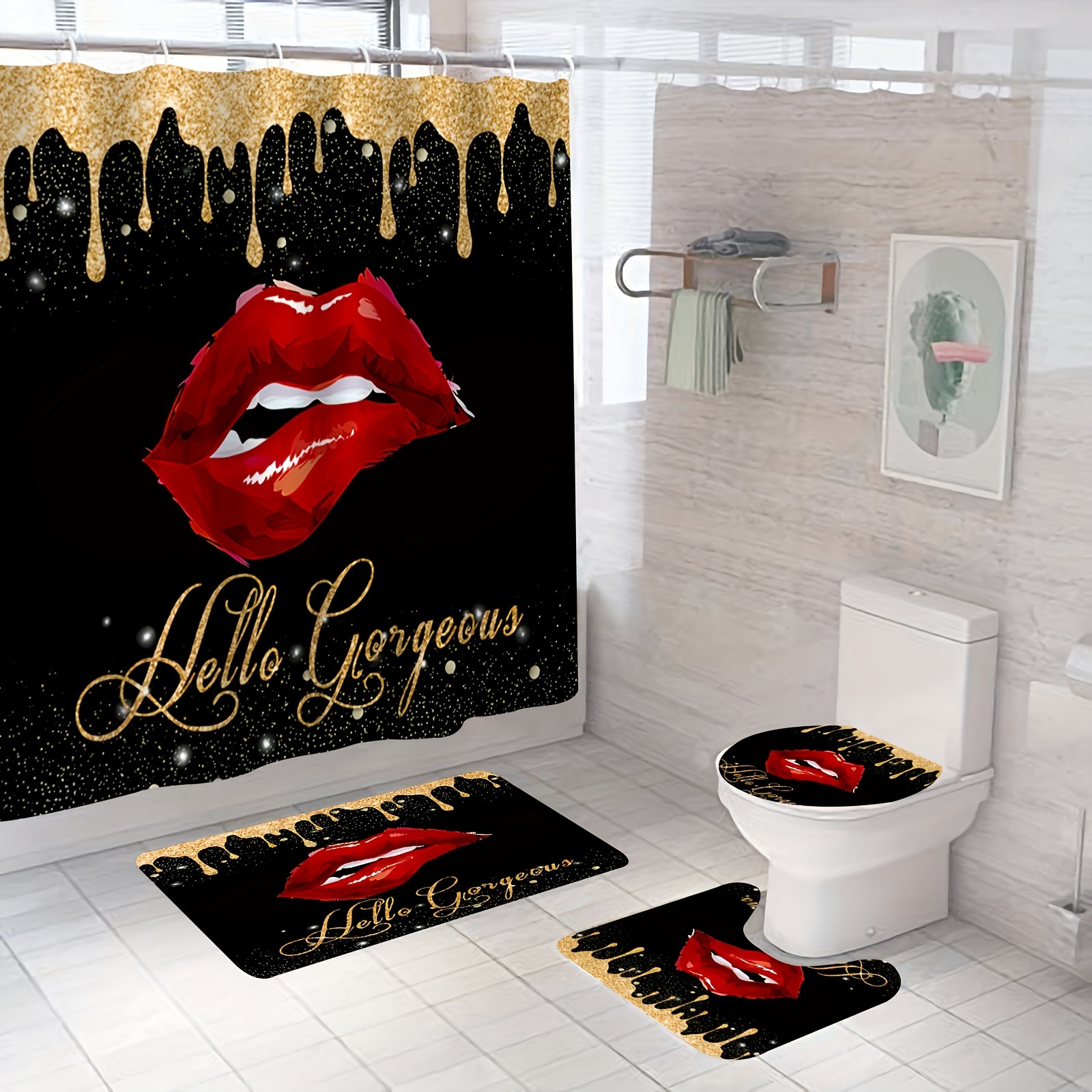 4pcs Red Lips Gilding Printed Shower Curtain Set Waterproof - Temu ...