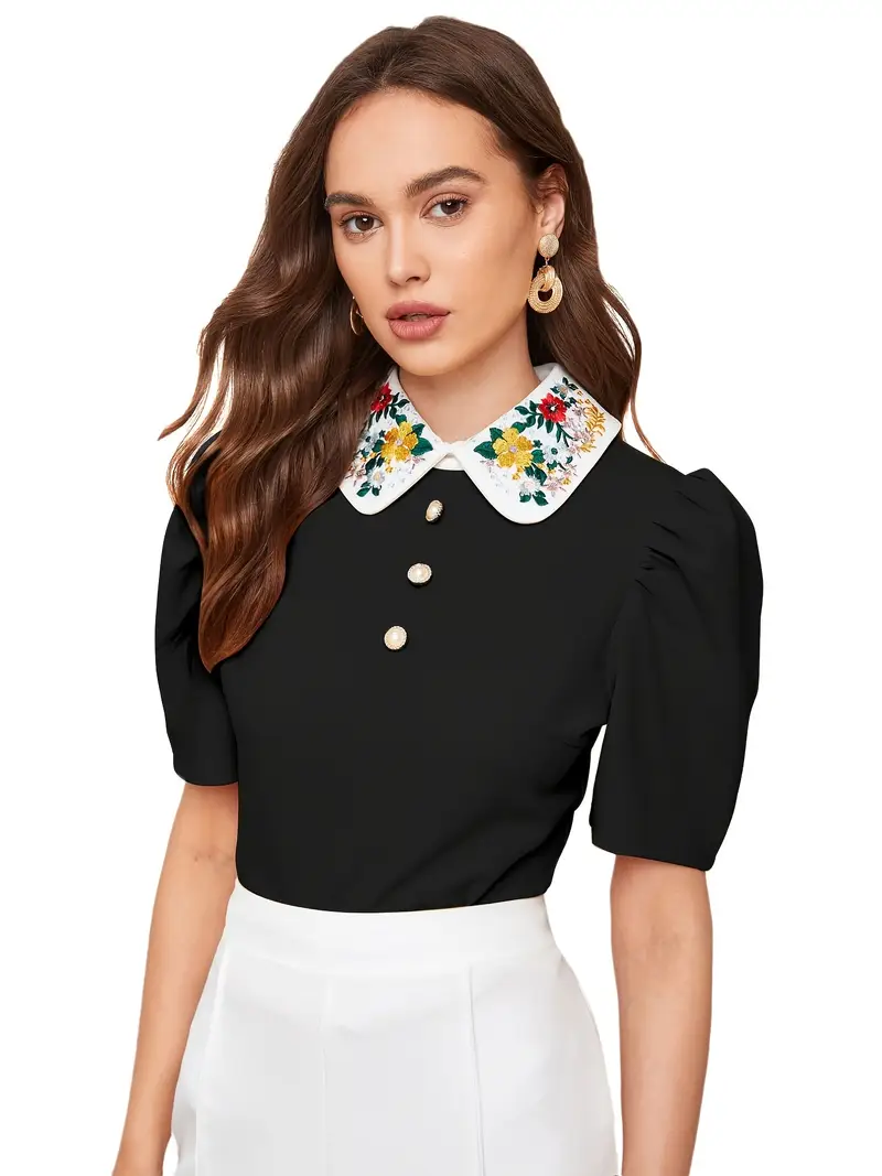 Floral Lapel Button Short Sleeve T Shirt Temu