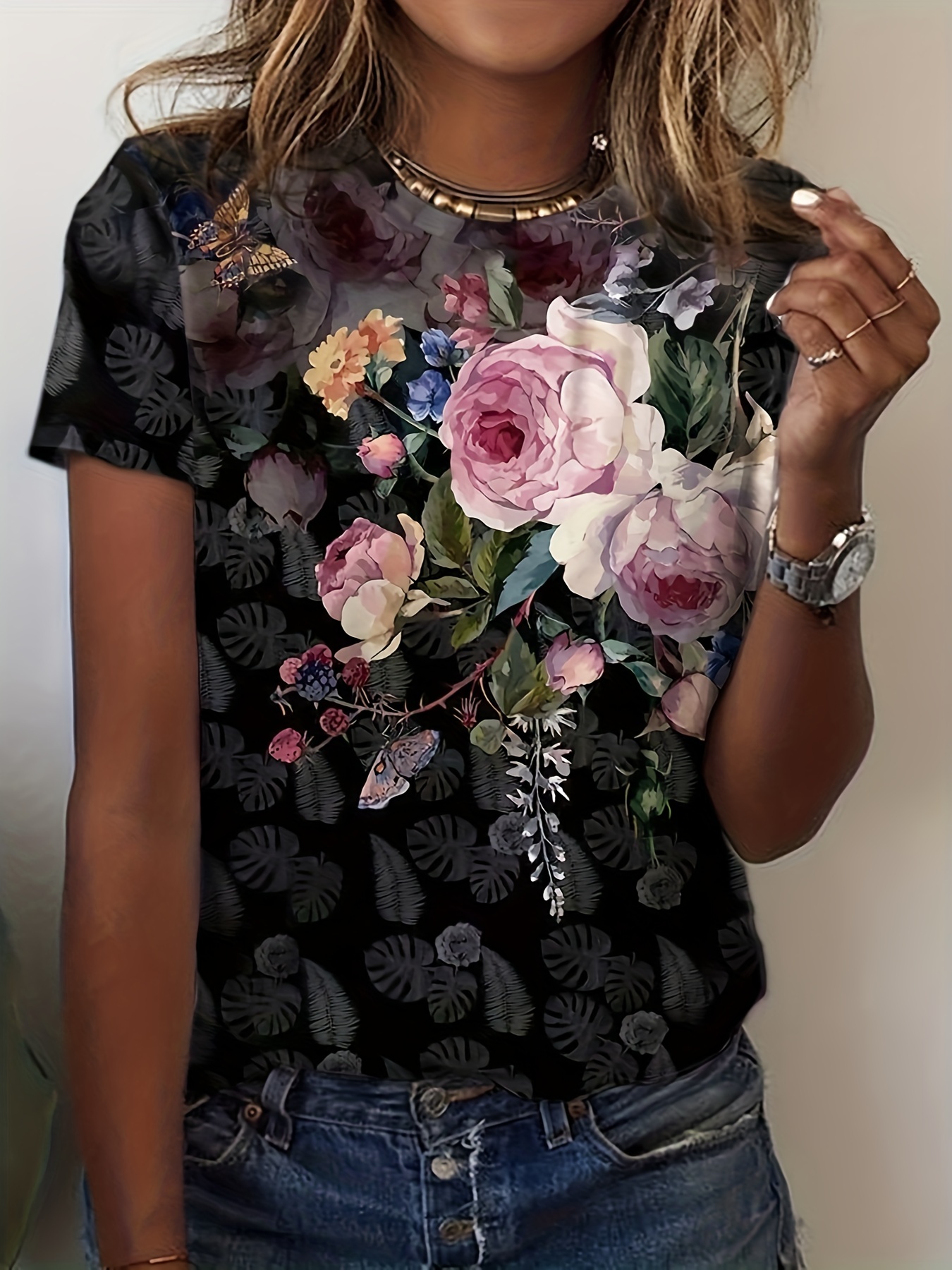 Floral Print Crew Neck T-shirt, Casual Short Sleeve T-shirt For Spring & Summer, Women's ...