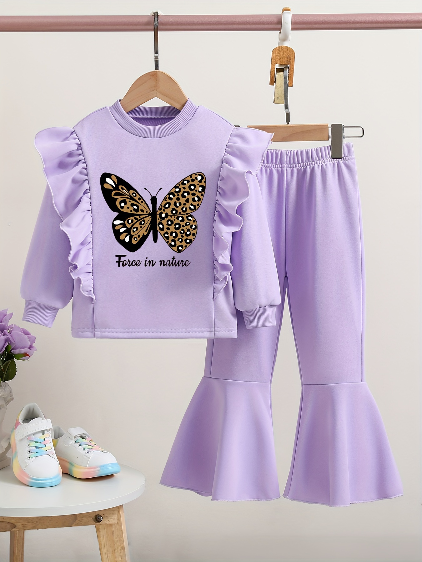 Butterfly Pattern Ruffle Trim Outfits Girls Spring Fall - Temu Ireland