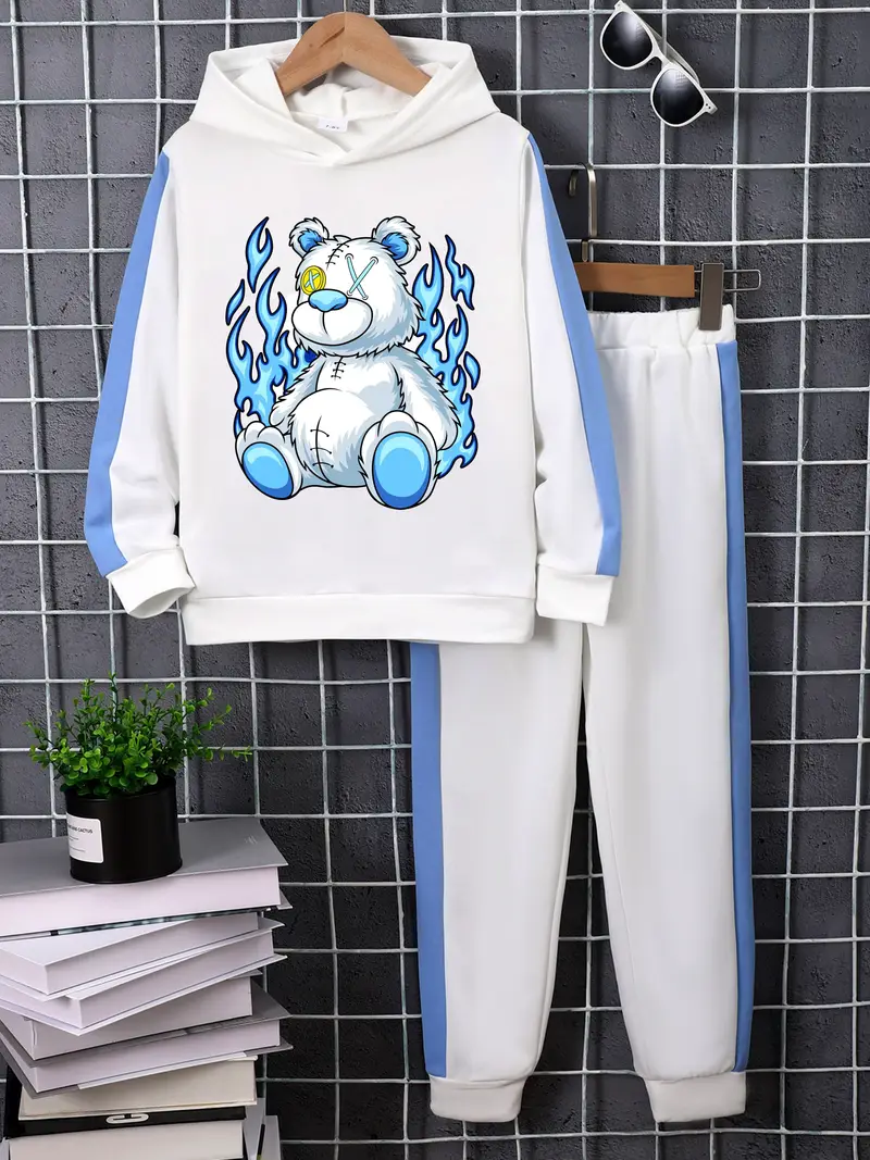 トレンディな男の子のクマの衣装 2 点 フレームプリントパーカー ジョガーパンツセット 子供服春秋用 Temu Japan