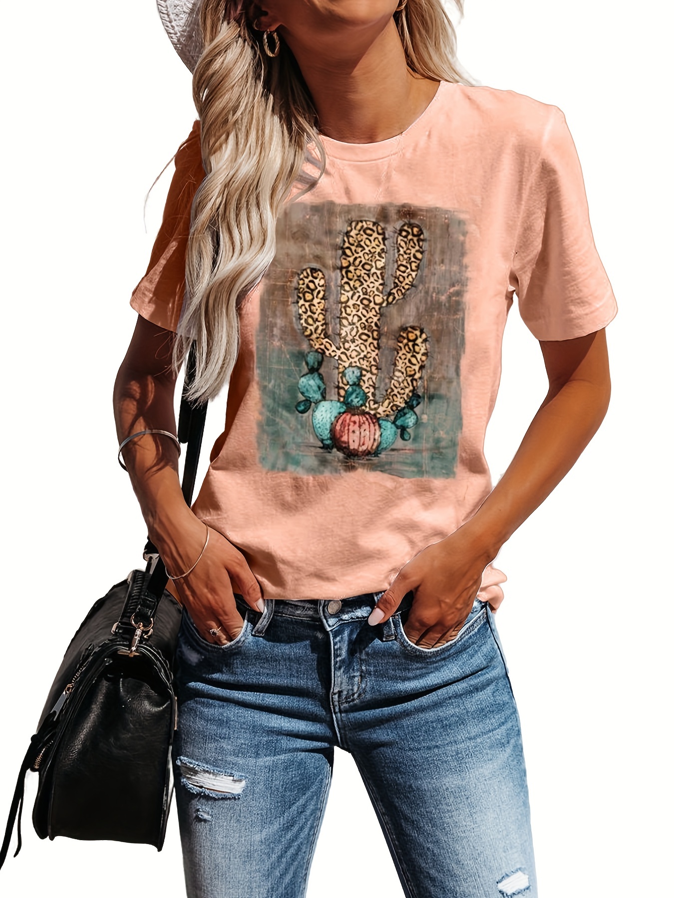 Leopard Cactus Print T shirt Short Sleeve Crew Neck Casual - Temu Australia