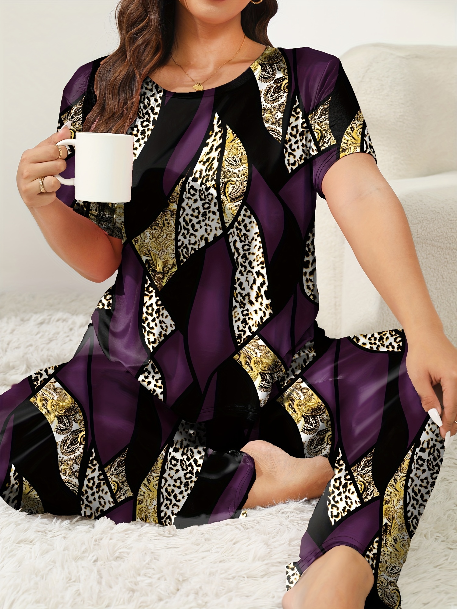 Elegant Lounge Set Plus Size Women s Plus Geo Print Short - Temu Australia