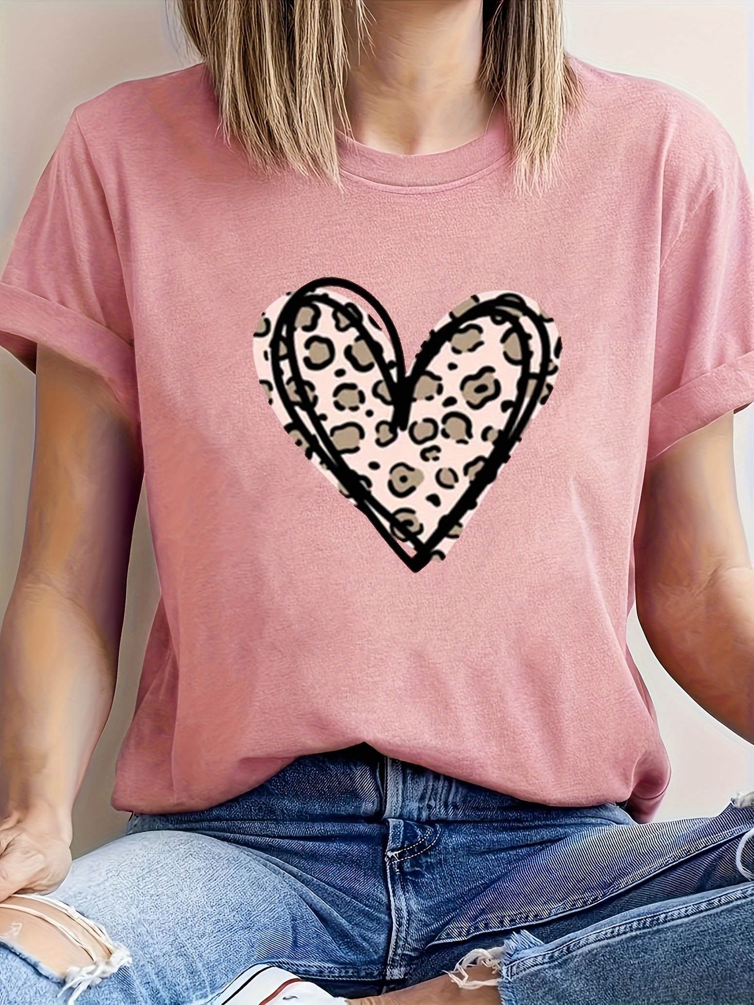 Leopard Heart Print Crew Neck T shirt Casual Short Sleeve - Temu Australia