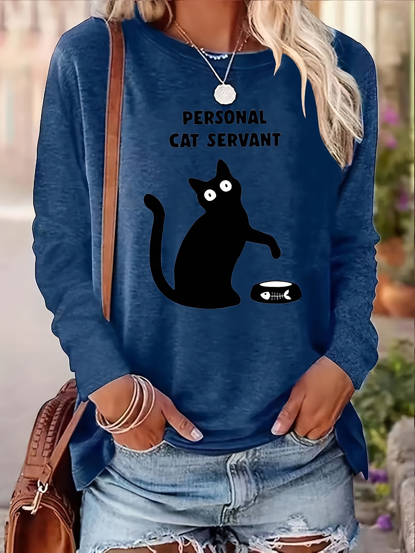 Cat Print Crew Neck T shirt Casual Long Sleeve Top Spring - Temu New ...