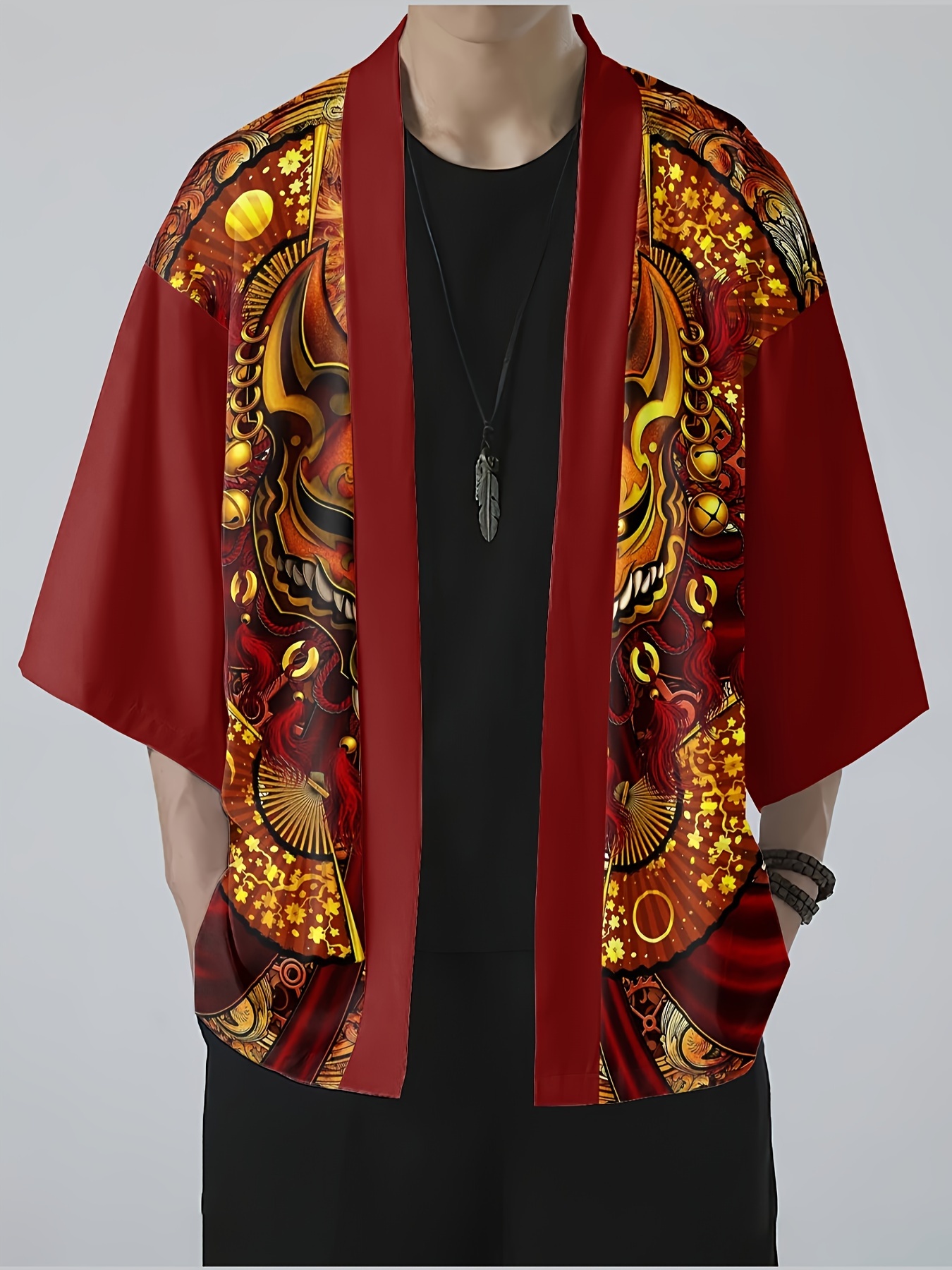 Men's Vintage Style Wolf Print Loose Open Front Kimono - Temu Portugal