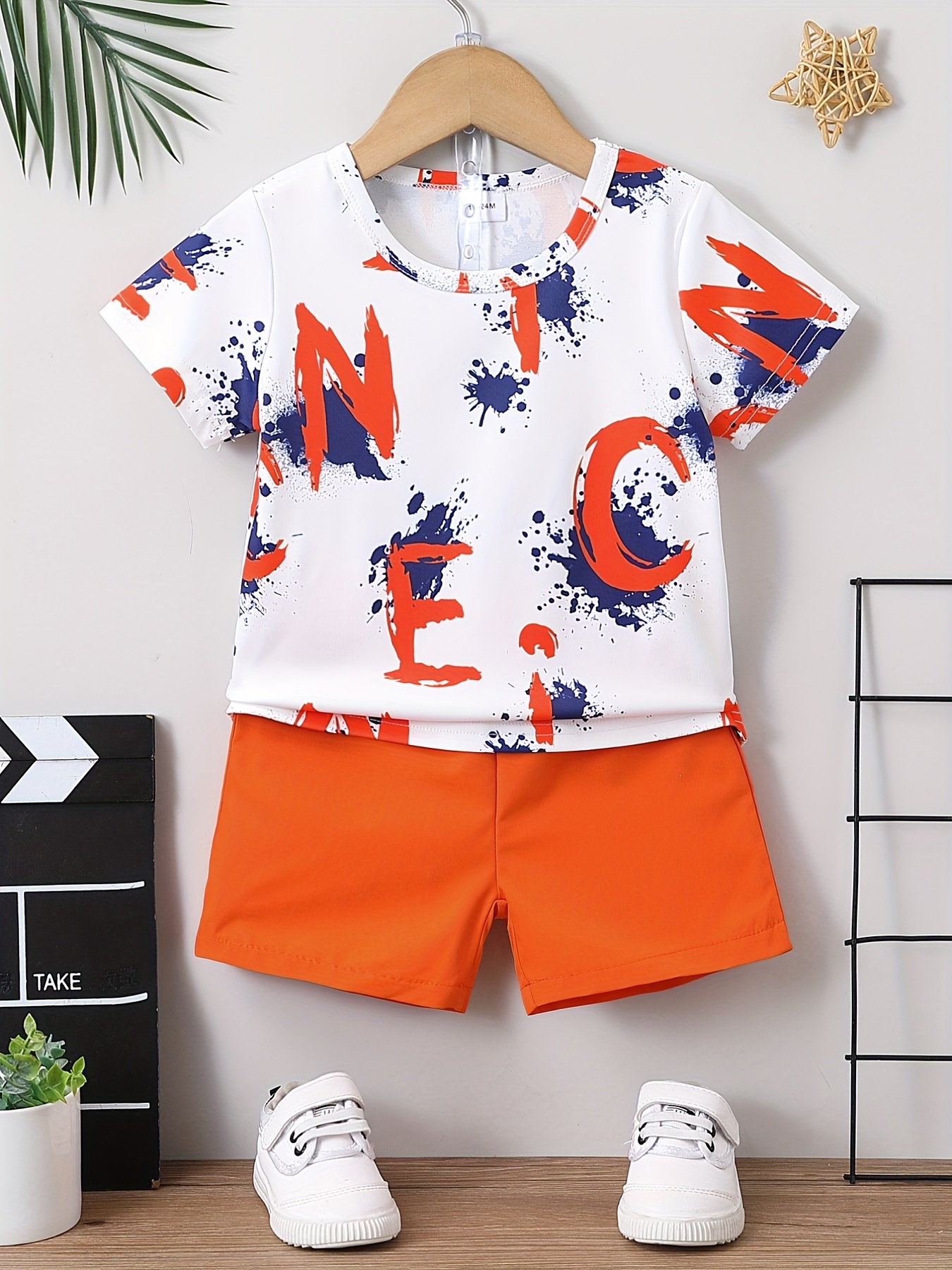 Letter Pattern Boys Casual Outfit Round Neck T Shirt Shorts - Temu New Zealand
