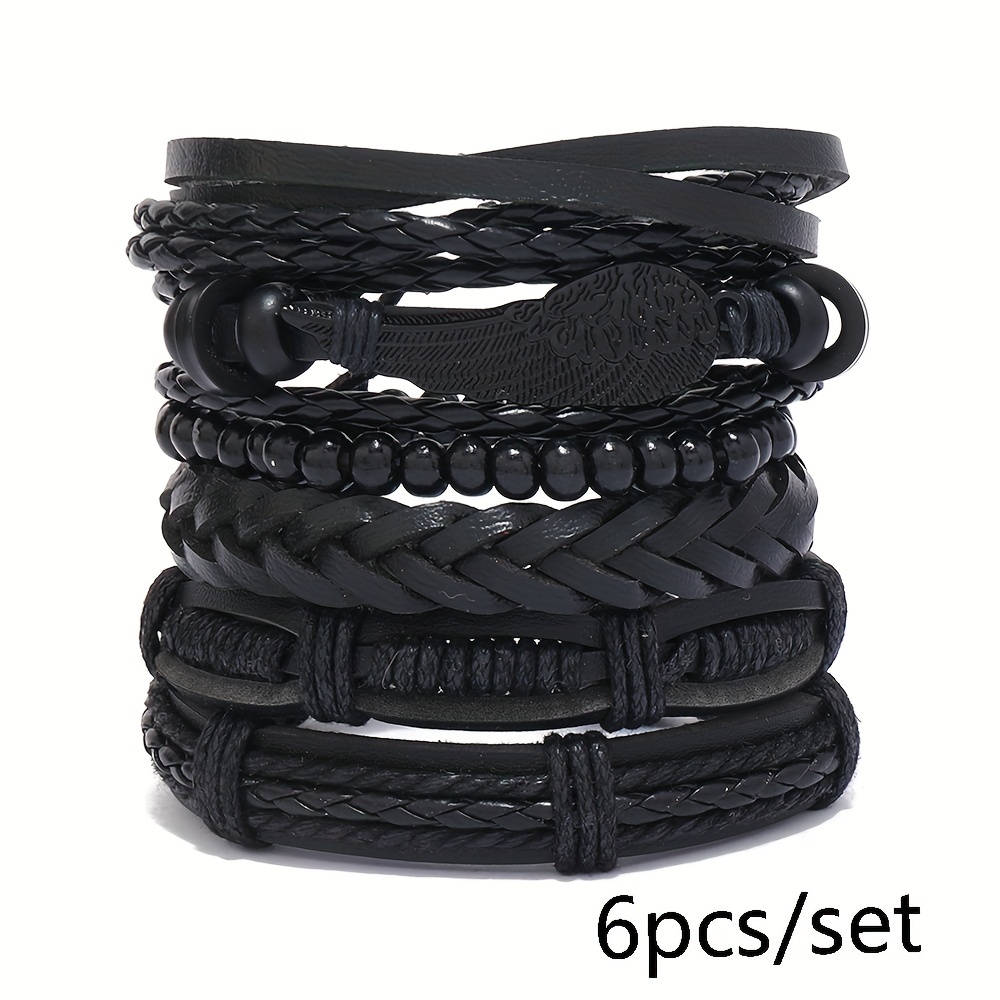 Men's Knit Set Faux Leather Bracelet Black Wings Hand - Temu United Kingdom