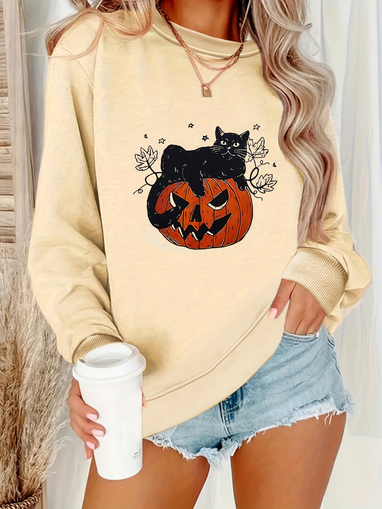 Halloween Cat Pumpkin Print Sweatshirt Casual Long Sleeve - Temu Canada