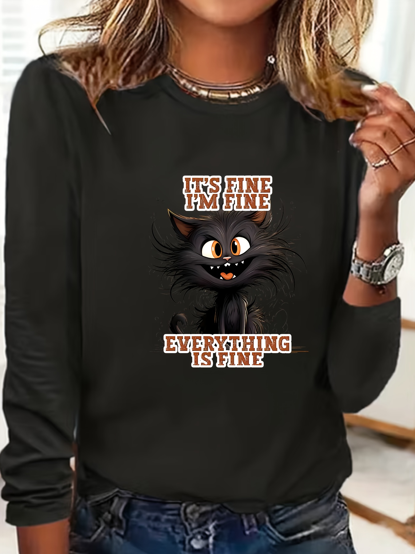 Plus Size Cat Letter Print T shirt Casual Crew Neck Long - Temu Australia