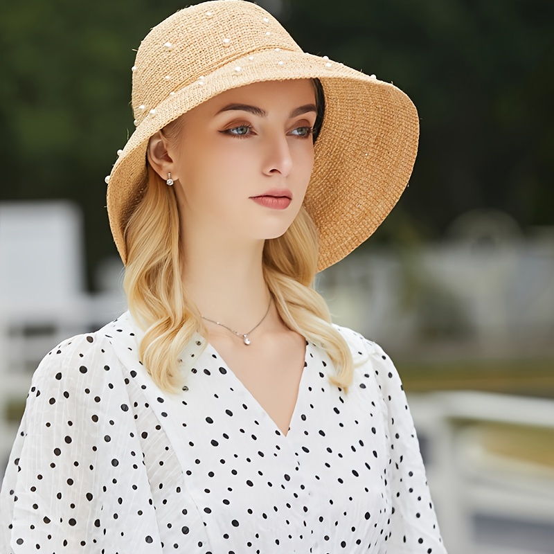Light Tan Bucket Hat Faux Pearl Decor Large Visor Hat - Temu United