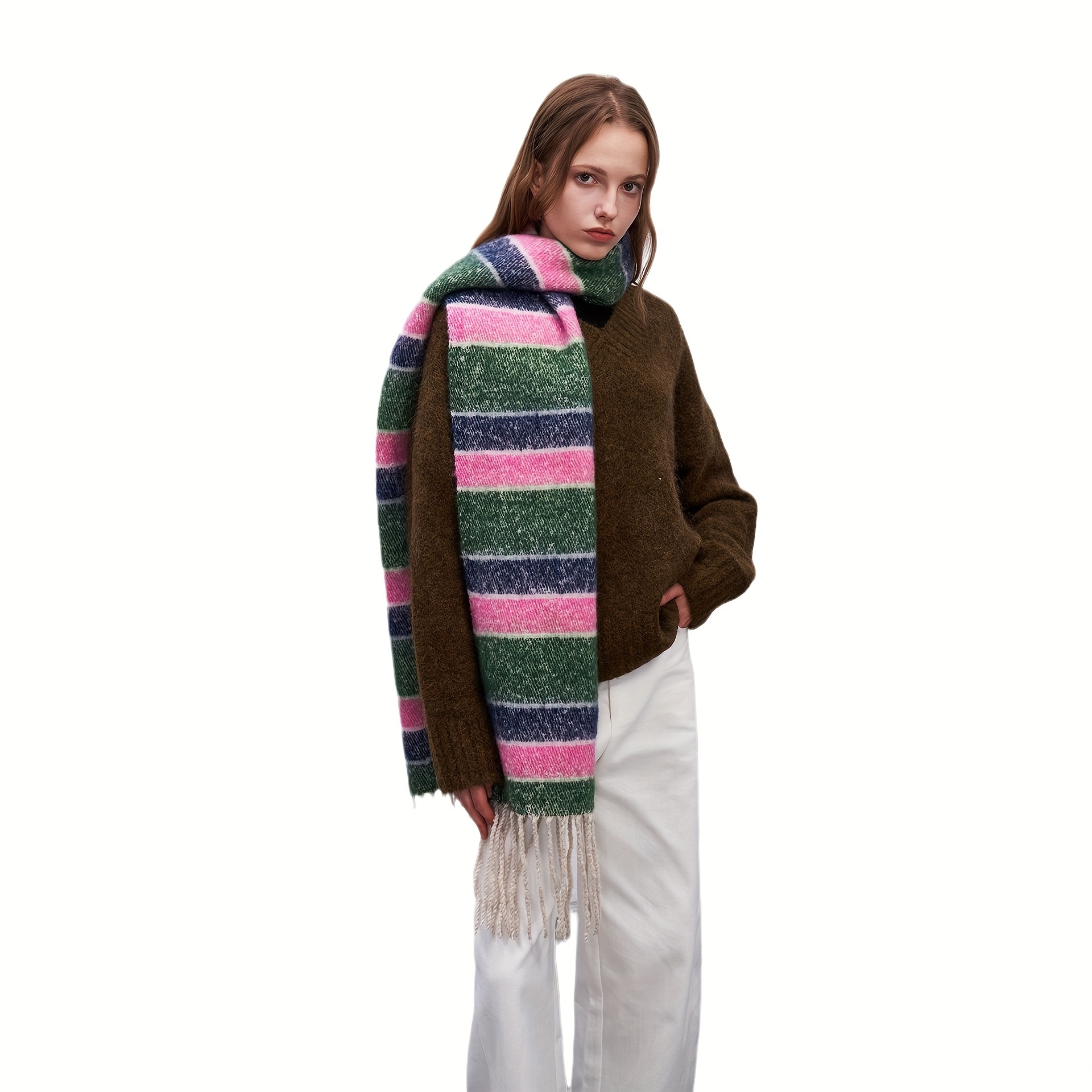 Vintage Multicolor Striped Chunky Scarf Cashmere - Temu Canada