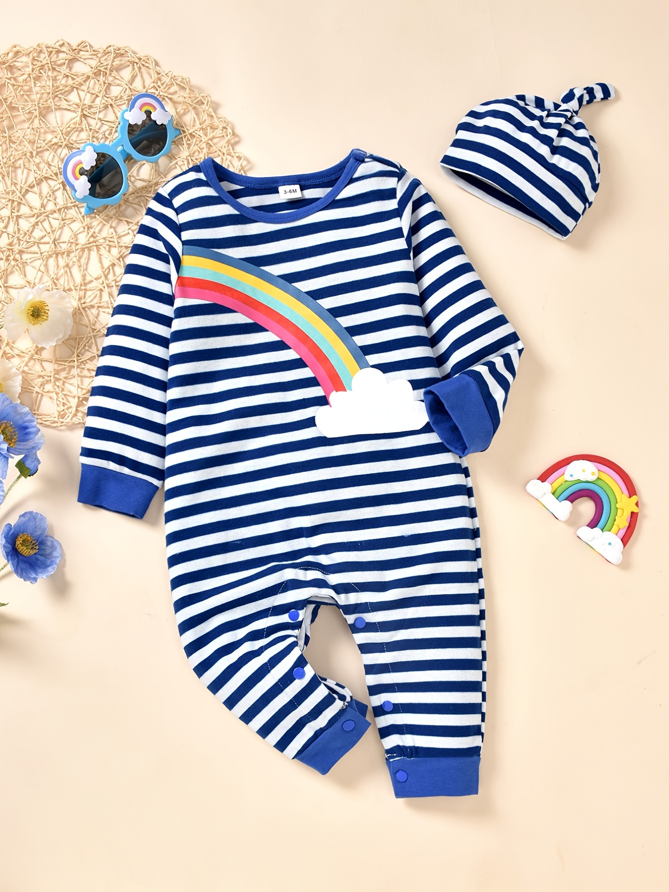 Baby Boys Rainbow Print Long Sleeve Round Neck Striped - Temu Australia