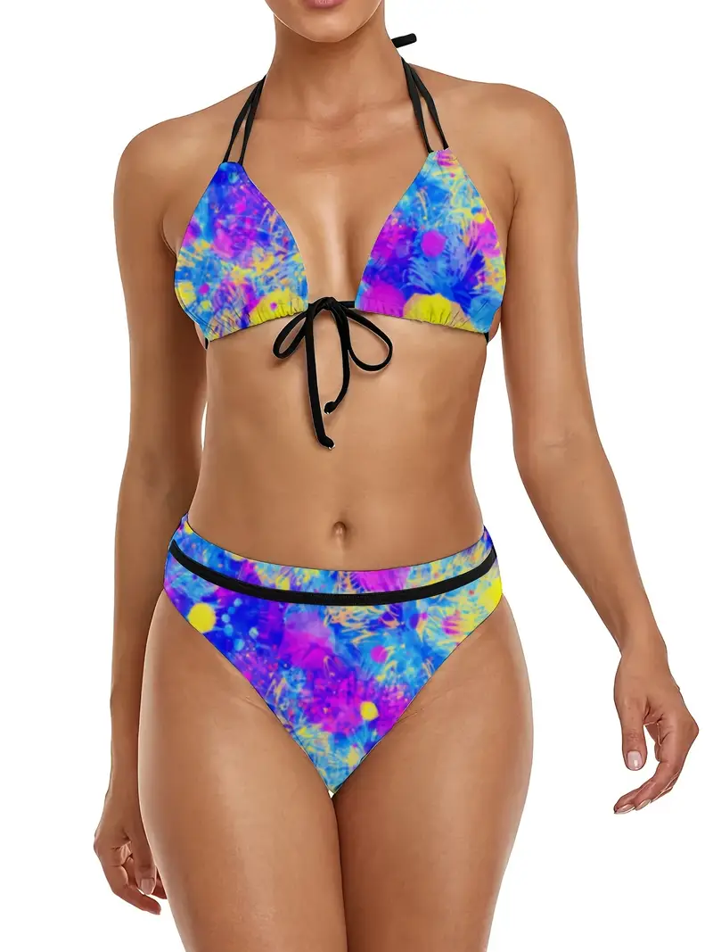 Tie Dye Triangle Bikini Sets Halter Neck Tie Front Backless Temu