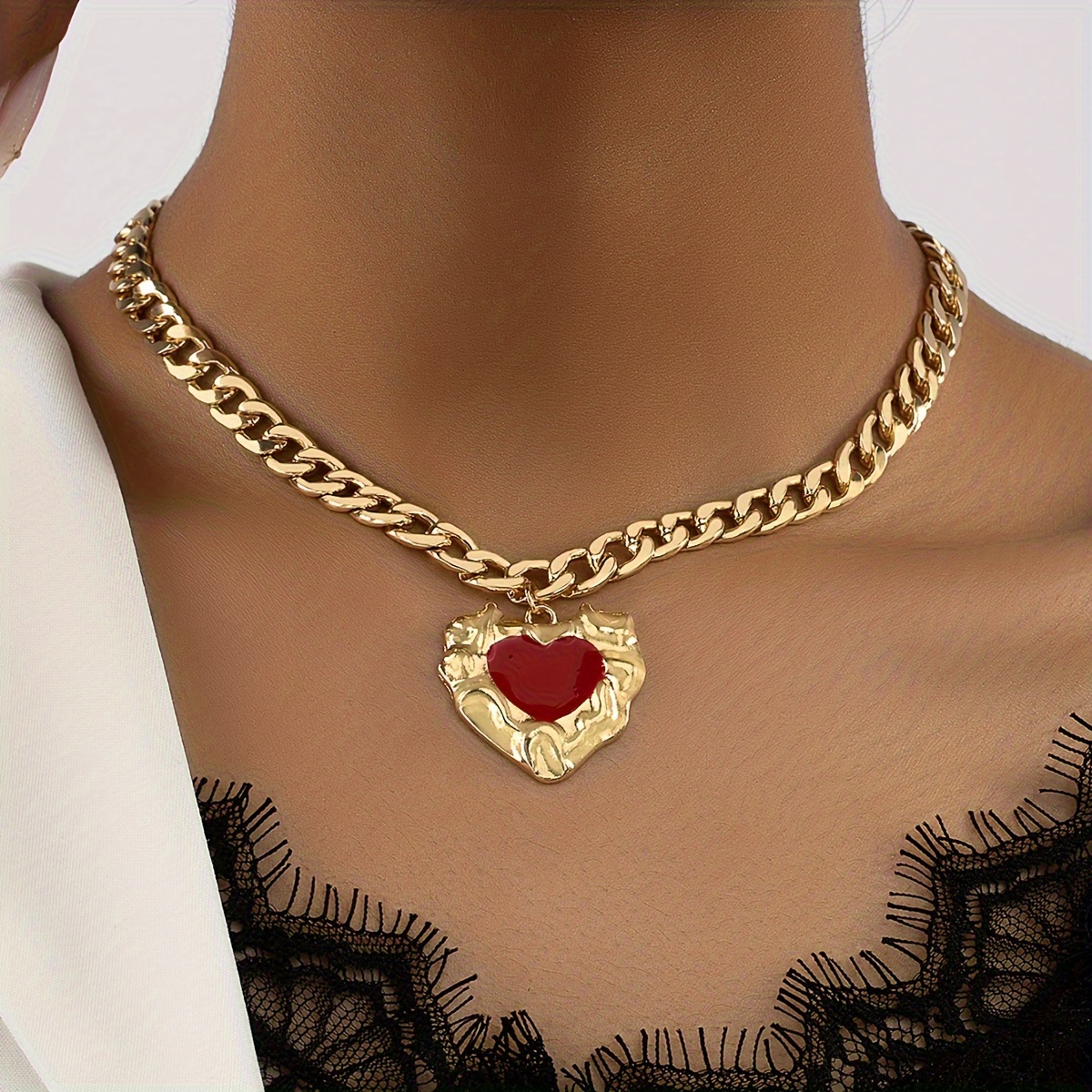 Retro Chunky Chain Love Heart Pendant Necklace Punk Iron - Temu United ...
