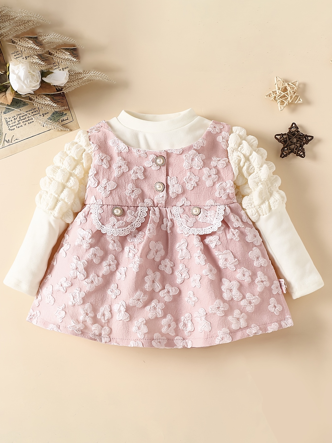 Girls Cute Floral Pattern Long Sleeve Button Decor Dress - Temu New Zealand