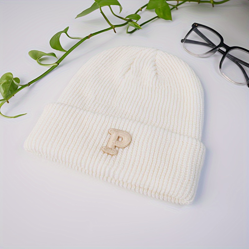Simple Letter P Patch Basic Beanie Solid Color Casual Knit Temu Australia
