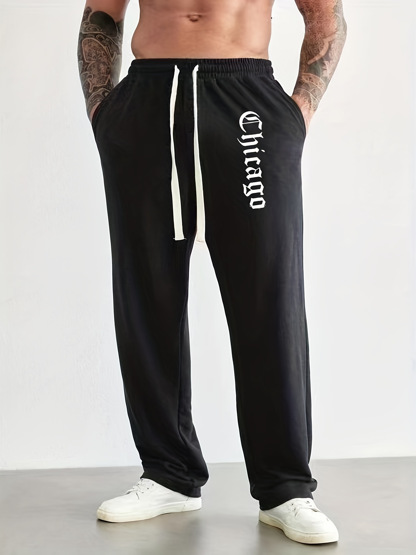Mens Stylish Drawstring Chicago Graphic Print Long Pants - Temu New Zealand
