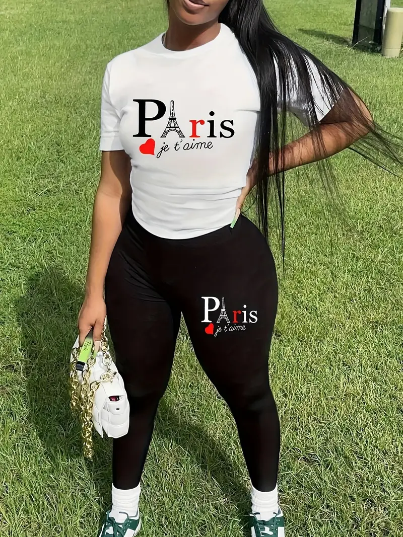 Heart Letter Print Two Piece Set Short Sleeve Crew Neck Top Temu Canada