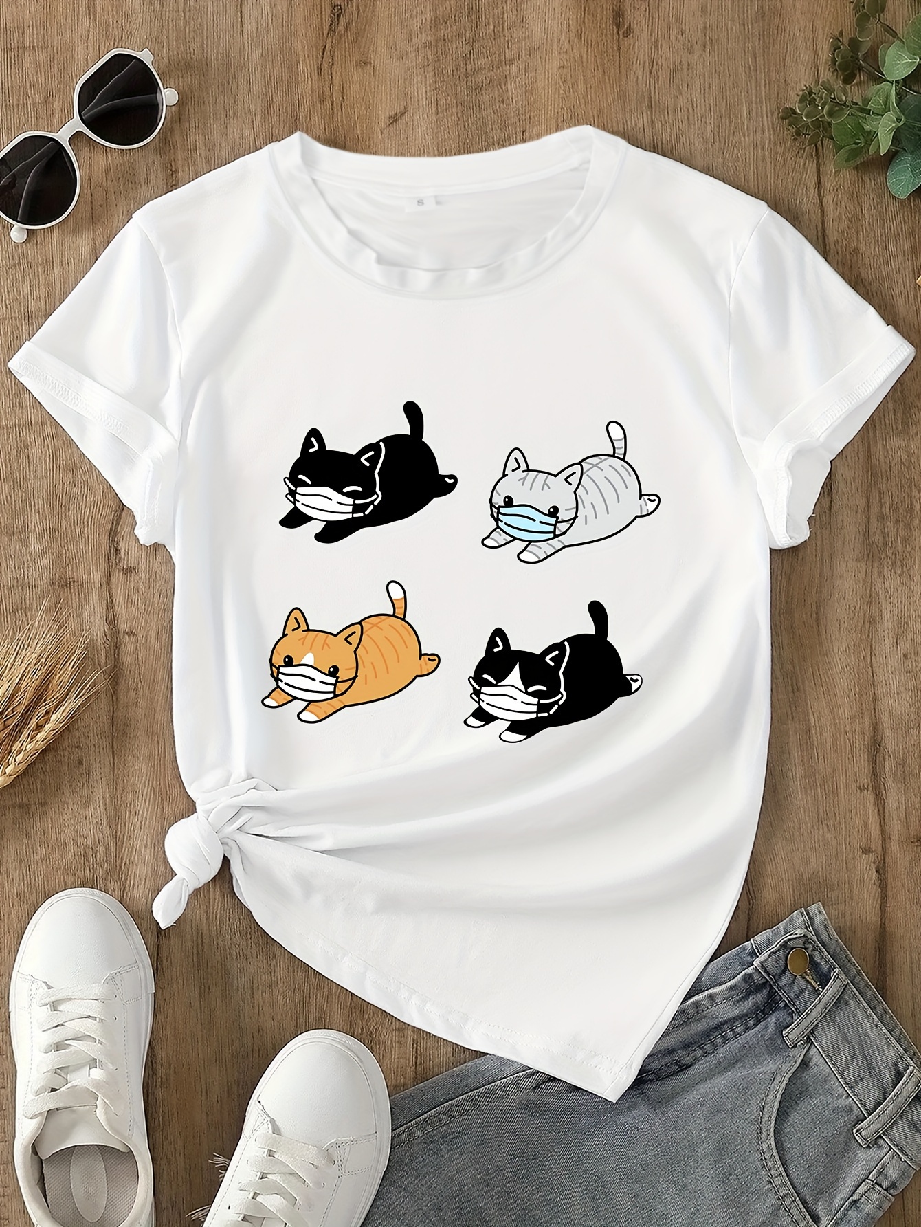 Cat Print Crew Neck T shirt Casual Short Sleeve Top Spring - Temu New ...