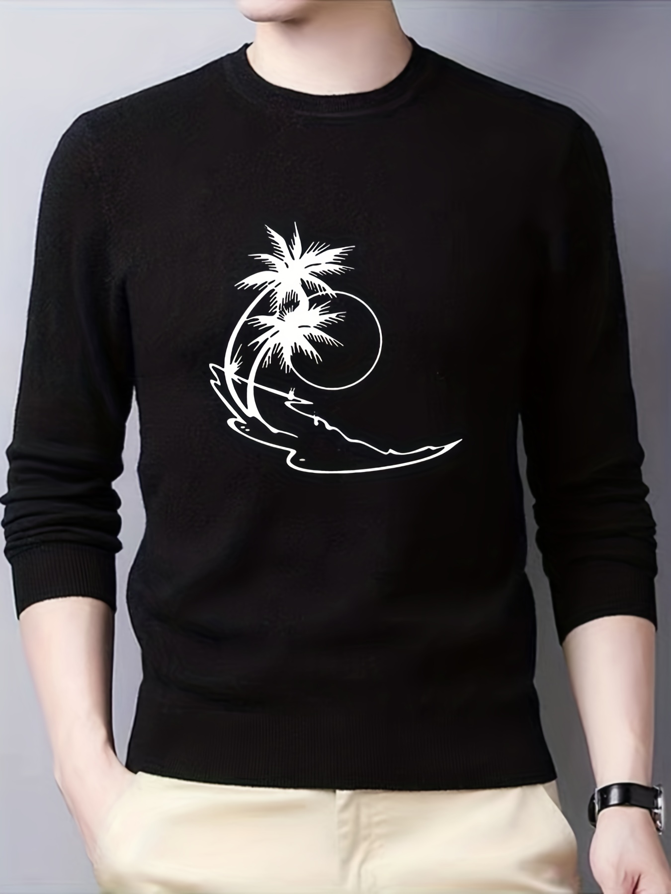 Palm Tree Print Mens Trendy Knitted Sweater Casual Stretch Breathable ...