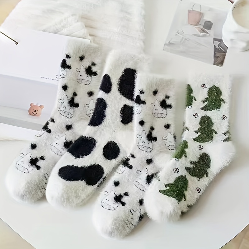 4 pairs cartoon pattern fuzzy socks comfy warm tube - Temu New Zealand