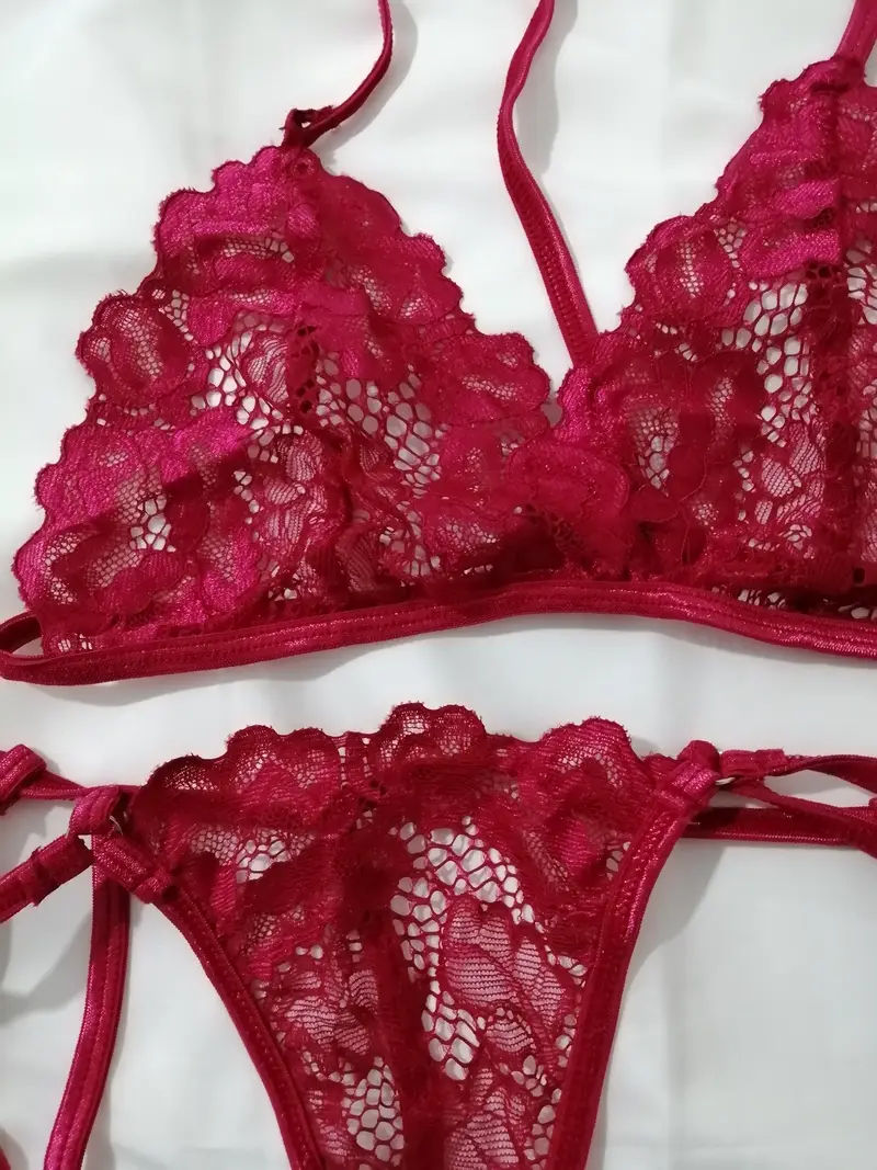 Hot Floral Lace Lingerie Set Triangle Cups Bra And Garter Belt Thong