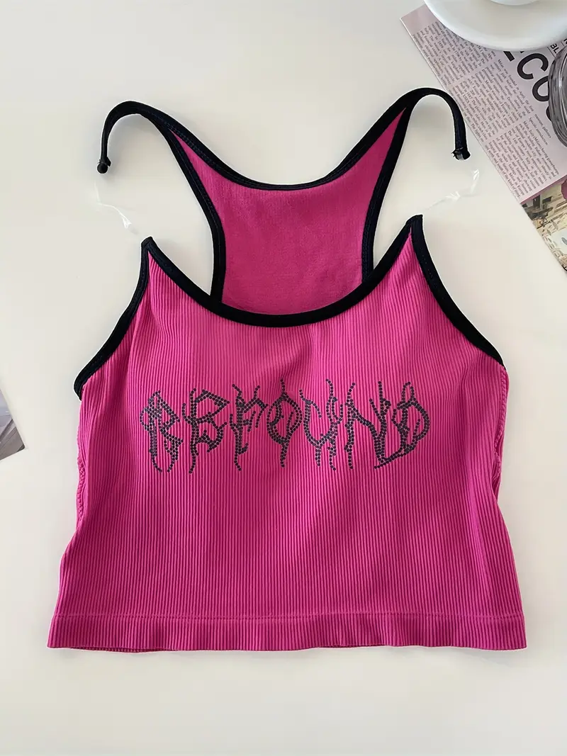 Contrast Trim Letter Print Strap Top Y2k Sleeveless Cami Top Temu Canada