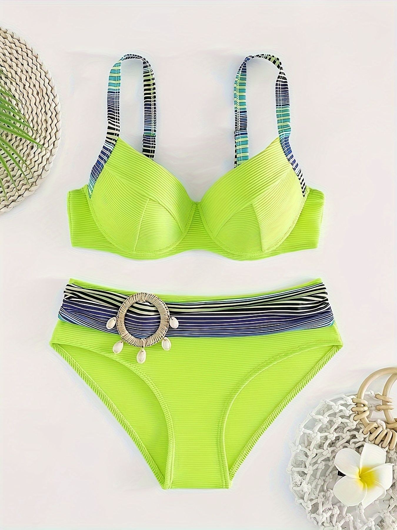 Shell Ring Decor V Neck Bikini High Stretch Striped Push - Temu Portugal