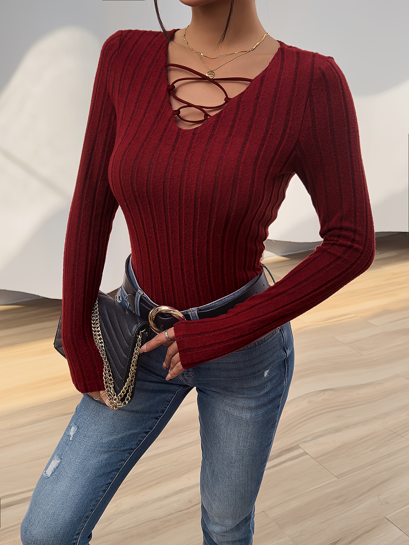 Ribbed Cross Front T shirt Elegant Long Sleeve Top Spring - Temu Australia